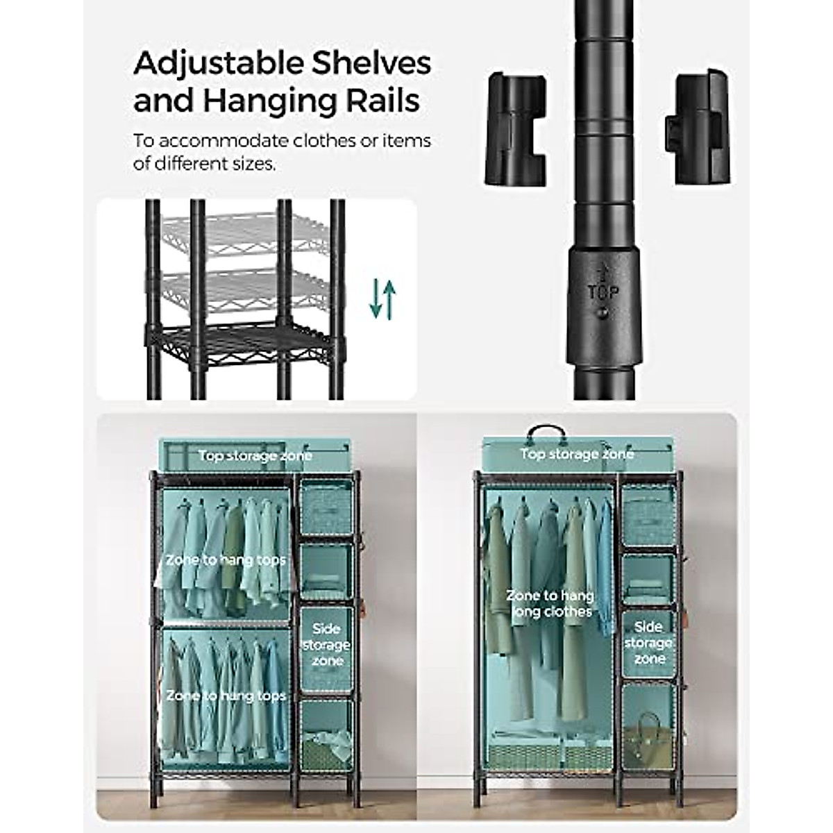 SONGMICS Garment Rack Heavy Duty Clothes Rack, Freestanding Portable Wardrobe Closet for Hanging Clothes with 2 Storage Boxes, 8 Hooks, Adjustable Wire Shelves, 2 Hanging Rods, Black ULGR422B01