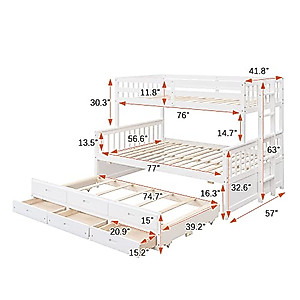 Harper & Bright Designs Twin Over Full Bunk Bed with Twin Size Trundle and 3 Storage Drawers, Separable Bunk Beds Twin Over Full Size, Wood Bunk Bed Frame for Kids Teens Boy & Girls (White)