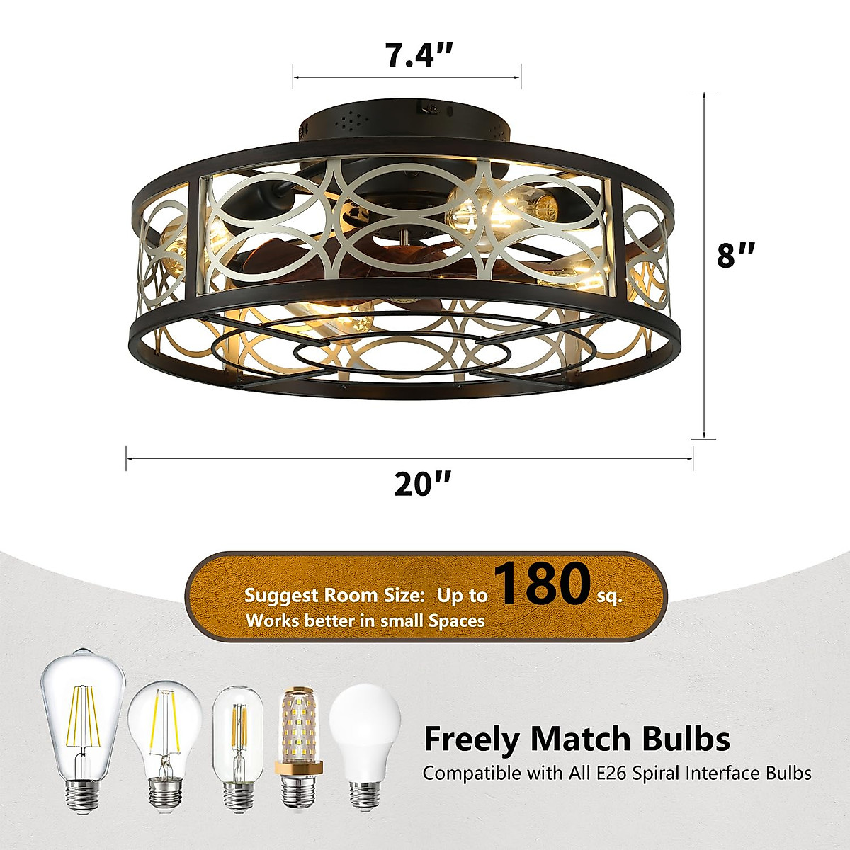 HUEOCZW 20" Caged Ceiling Fan with Light and Remote，bladeless Ceiling Fan 6 Speed Reversible with 4 Bulbs and Remote Control.Low Profile Ceiling Fan with Lights for Bedroom, Dining Room