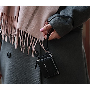 WOLFselection Mini Airpods Pouch - Genuine Leather Credit Card Holder with Zipper Case for AirPods Galaxy Buds Earphones - Mens Womens Wallets with Leather Lanyards for Neck and Wrist