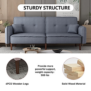 OTRIEK 75" Convertible Futon Sofa Bed with 2 Pillows and Storage Pockets, Modern Upholstered Couch Sleeper Sofa Folding Lounge for Living Room Small Space Apartment (Grey)