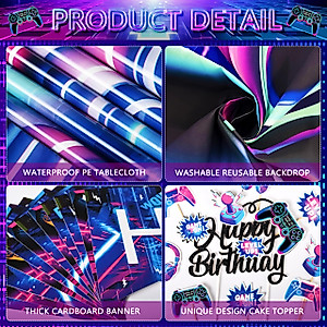 JOPHMO Video Game Birthday Party Decorations for Boy Game Happy Birthday Party Supplies with Happy Birthday Backdrop Banner Gaming Tablecloth Blue Balloon Arch Kit Cake Toppers for Boy Birthday Party