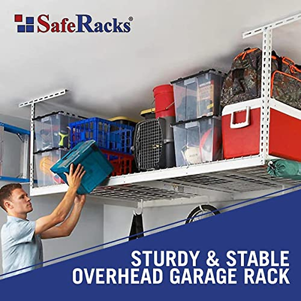 SafeRacks 4x8 Overhead Garage Storage Rack Heavy Duty - White (12"-21") - Holds 600 lb