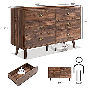 Vrullu Dresser for Bedroom with 6 Drawer, Walnut Dressers & Chests of Drawers with Bronze Handles, Modern Storage Drawers for Entryway, Closet, Hallway, Nursery (1, Walnut)