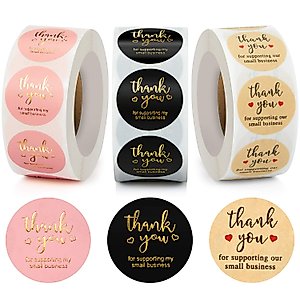 3 Rolls Thank You Stickers Labels Seals Thank You for Supporting My Small Business Stickers Roll, Round Kraft Stickers Thank You Purchase Stickers with Gold Foil (Pink Black Brown, 1 Inch)