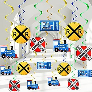 56 Pieces Train Hanging Swirls Steam Train Party Hanging Decorations Set Railroad Train Crossing Hangings for Train Theme Birthday Baby Shower Party Supplies