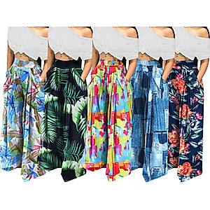 Famnbro Women's Boho Palazzo Pants Loose Fit Elastic High Waisted Long Wide Leg Trousers Plus Size