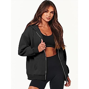 Caracilia Women's Oversized Zip Up Hoodies Sweatshirts Y2K Clothes Teen Girl Fall Casual Drawstring Jackets with Pockets 2023 Winter Loose Fit Clothing Soft Warm Thick Sweater A989heise-S Black