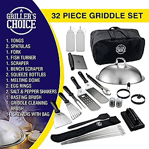 Grillers Choice 32 Piece Griddle Accessories Set Metal Spatulas - Commercial Heavy Duty Stainless Steel,Flat Top,Grill,Indoor-Outdoor,Hibachi,BBQ Grilling Utensils- Designed by Chef and BBQ Judge