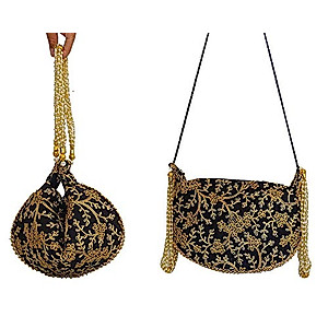 Women's Handmade Silk Drawstring Purse, Indian Potli Bag, Black Crossbody Triangle Purse