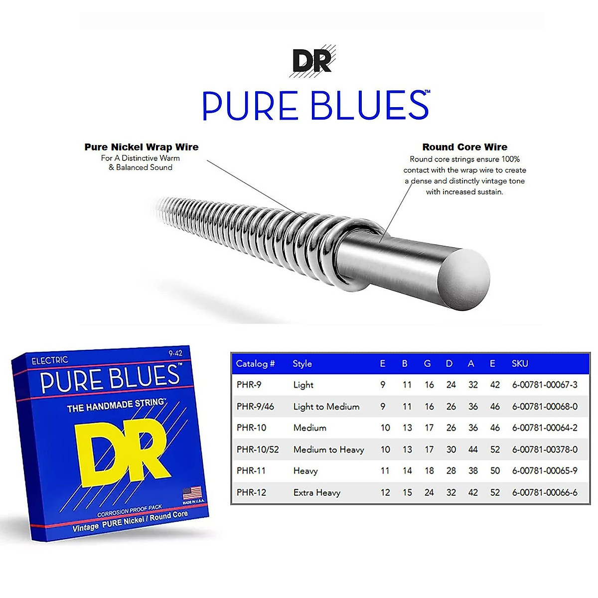 DR Strings Pure Blues Pure Nickel Wrap Round Core 11-50