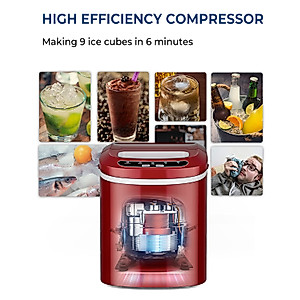 SIMOE Electric Ice Maker Machine for Countertop, 26-1/2 LBS/24 H Ice Making Machine with 9 Ice Cubes Ready in 6 Min, Portable Ice Cube Machine with Scope & Basket (Red)