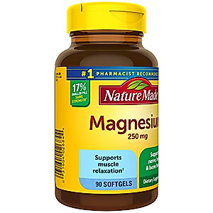 Nature Made Magnesium 250 mg, Dietary Supplement for Muscle, Heart, Bone and Nerve Support, 90 Softgels, 90 Day Supply