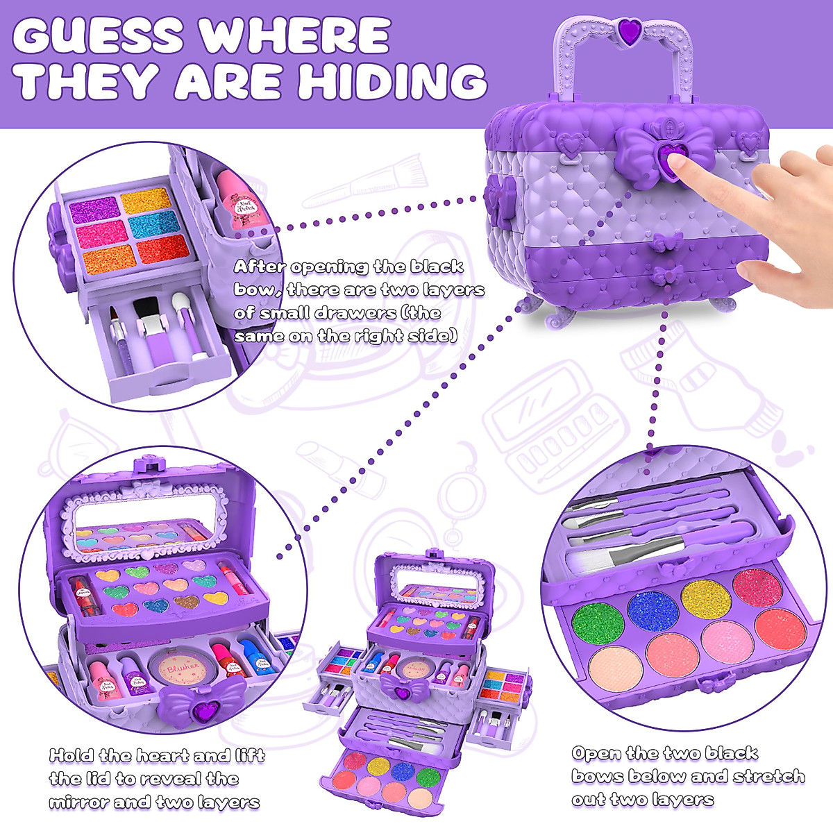 54 Pcs Kids Makeup Kit for Girls, Princess Real Washable Pretend Play Cosmetic Set Toys with Mirror, Non-Toxic & Safe, Birthday Gifts for 3 4 5 6 7 8 9 10 Years Old Girls Kids (Purple)