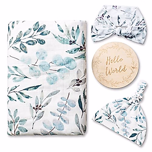 Miaoberry 100% Organic Eucalyptus Muslin Swaddle Set with Hat and Bow