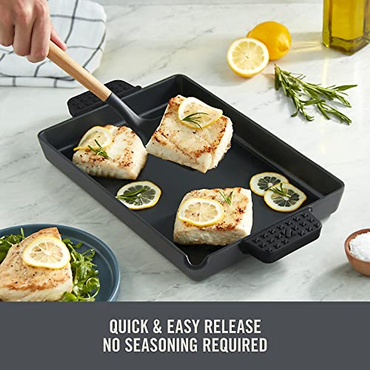 DASH Zakarian by Dash 9"x13" Nonstick Cast Iron Pan with Pour Spout and Removable Silicone Grips for Searing, Baking, Broiling, Grilling and more- Black