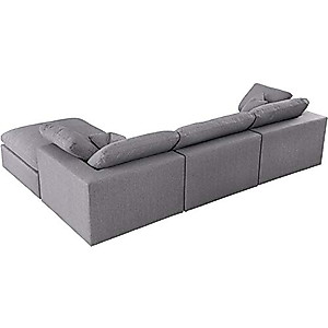 Meridian Furniture Serene Collection Modern | Contemporary Deluxe Comfort Modular Sectional, Soft Linen Textured Fabric, Down Cushions, 2 Corner + 1 Armless + 1 Ottoman, Grey
