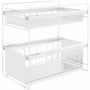 LIFOND Under Sink Storage Under Sink Organizer Rack with Sliding Storage Drawer, 2 Tier Pull Out Cabinets Organizer Shelf, Sliding Kitchen Countertop Storage Basket White-Large, White L