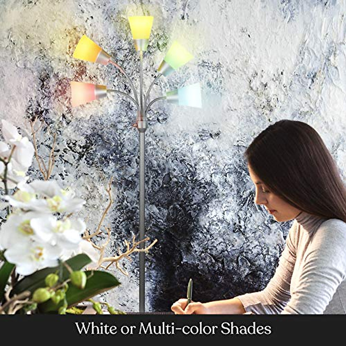Brightech Medusa Modern LED Floor Lamp – Multi Head Dimmable Floor Lamp for Living Rooms & Offices – Tall Lamp with Interchangeable Shade, Standing Lamp with 5 LED Bulbs for Hobbies - Silver