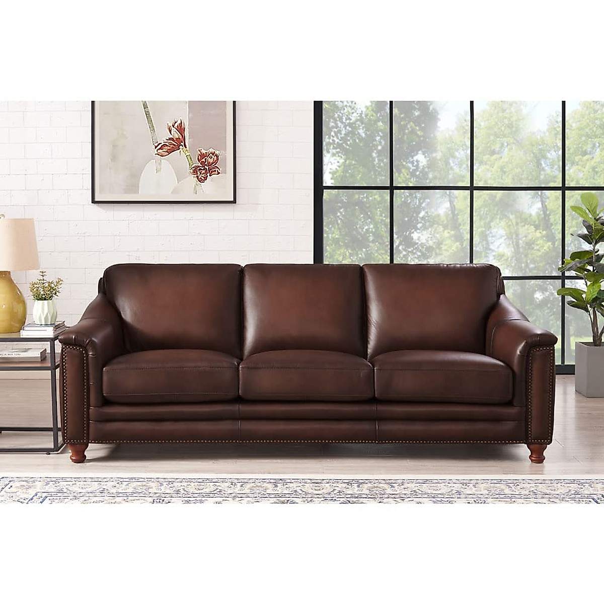 Hydeline Belfast Top Grain Leather Sofa and Loveseat, Caramel Brown, Feather Down, Memory Foam and Springs Seating