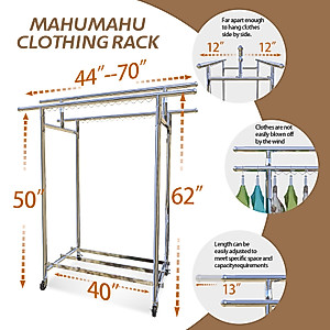 mahumahu Heavy Duty Clothes Rack Load 700LBS, Garment Rack with 4 Rolling Wheels - Stainless Steel Clothing Rack for Hanging Clothes, Chrome