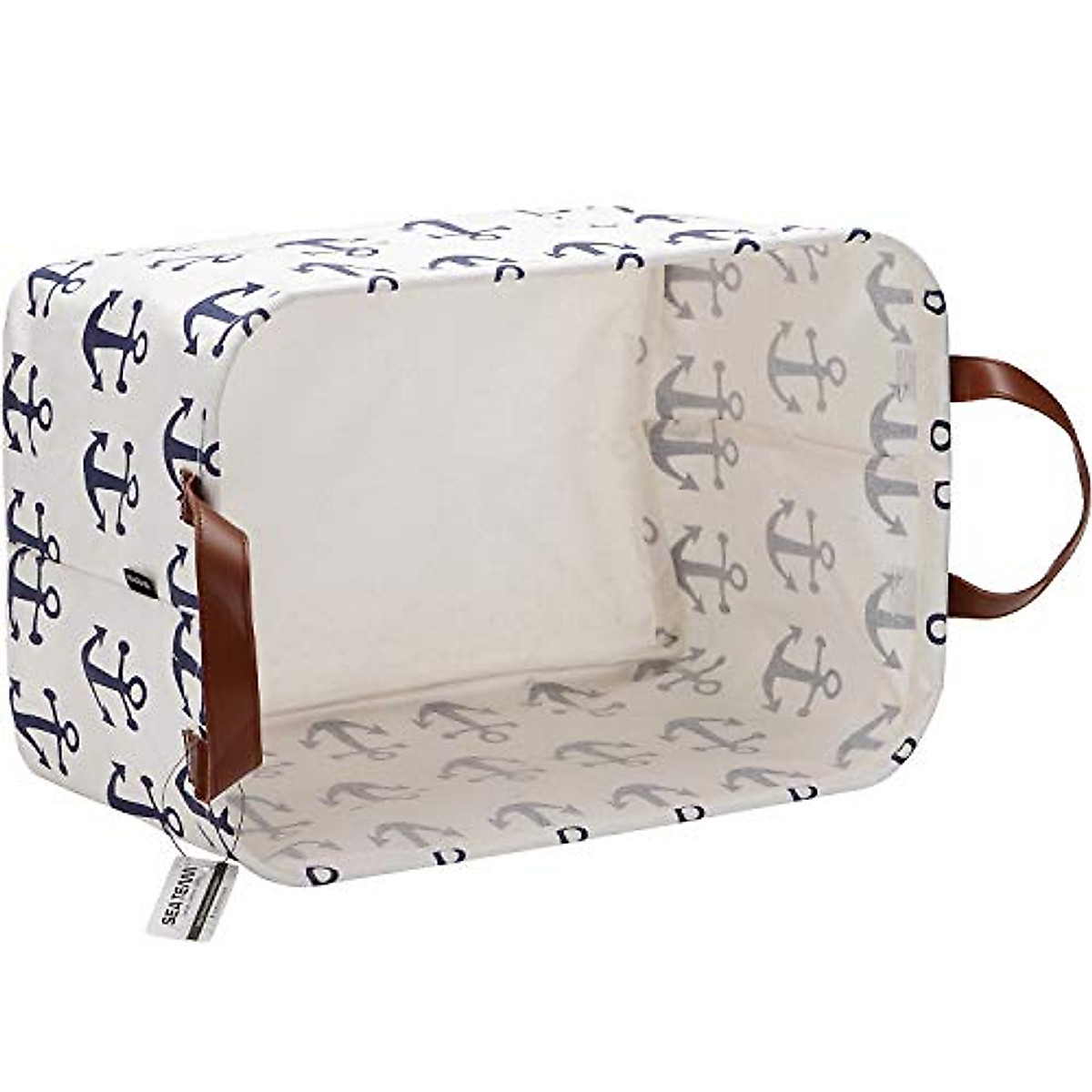 Sea Team Large Size Canvas Storage Bin Collapsible Shelf Basket Toy Organizer with Nautical Anchor Pattern, 16.5 by 11.8 inches, Navy Blue