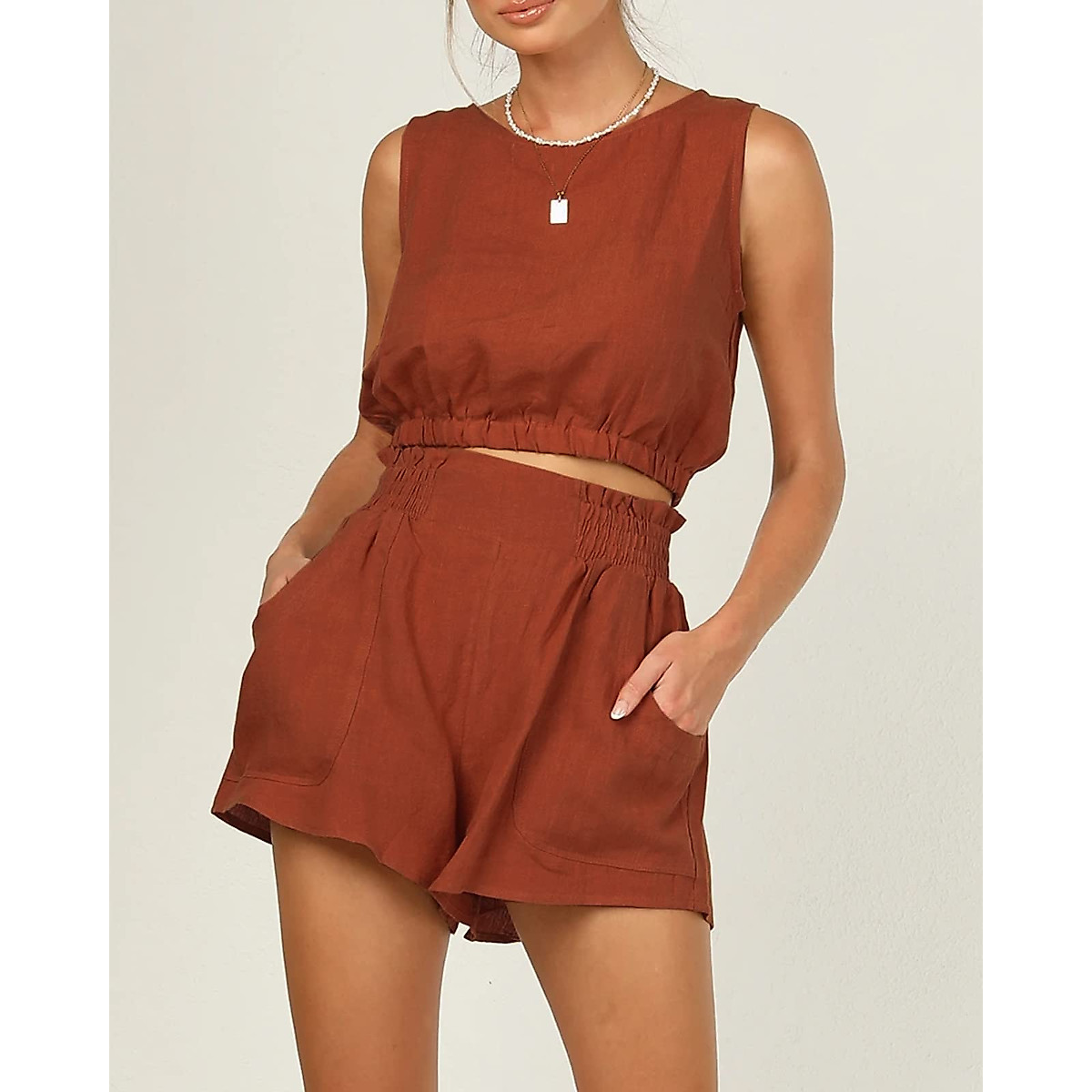 Eurivicy Women's 2 Piece Outfits Sleeveless Crop Tank Top and High Waist Pocketed Shorts Loose Summer 2pcs Short Sets