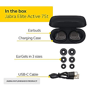 Jabra Elite Active 75t Titanium Black Voice Assistant Enabled True Wireless Sports Earbuds with Charging Case (Renewed)