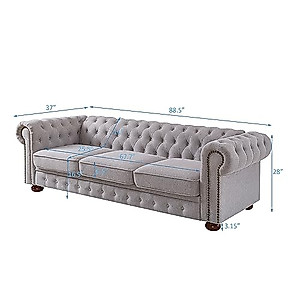 LIADTOP, 3-Seat Chesterfield Sofa with Button Tufted, Nailhead Trim and Solid Wood Legs, Classical Linen Fabric Couch for Living Room, Office, Light Grey