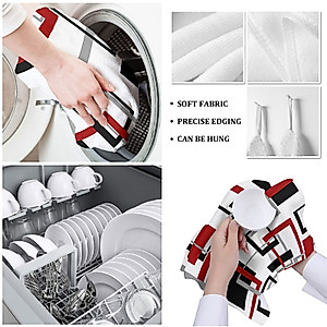 DOME-SPACE Dish Washing Towels Absorbent Kitchen Towels Dishcloths Sets Modern Red Abstract Black Grey Geometric Texture Lint Free Cleaning Cloths 2 Pack for Dining Room Cafe (28x18 Inch)