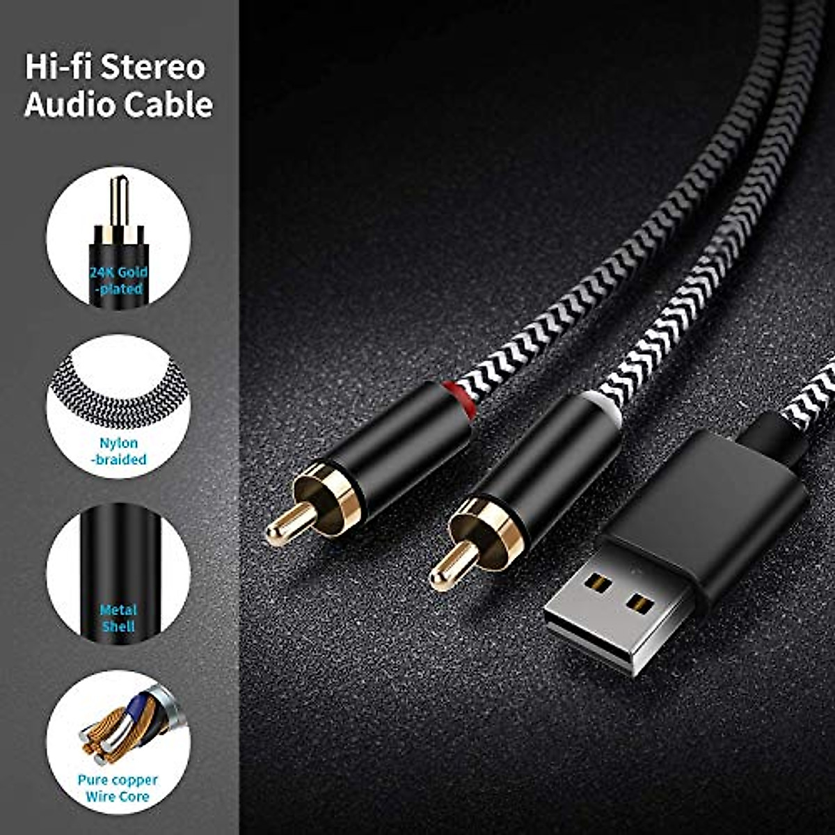 USB to 2-Male RCA Audio Aux Cable for PC Stereo Y Splitter Cord Jack Adapter Compatible with USB A Laptop, Linux,Windows, Desktops and More Device for Amplifiers, Home Theater, Speaker (6.6Feet)