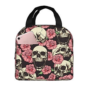 Skull Lunch Bag Box Tote Pink Rose Flowers Organizer Lunch Container Black Insulated Zipper Meal Prep Cooler Handbag For Women Men Home School Office Outdoor Gift