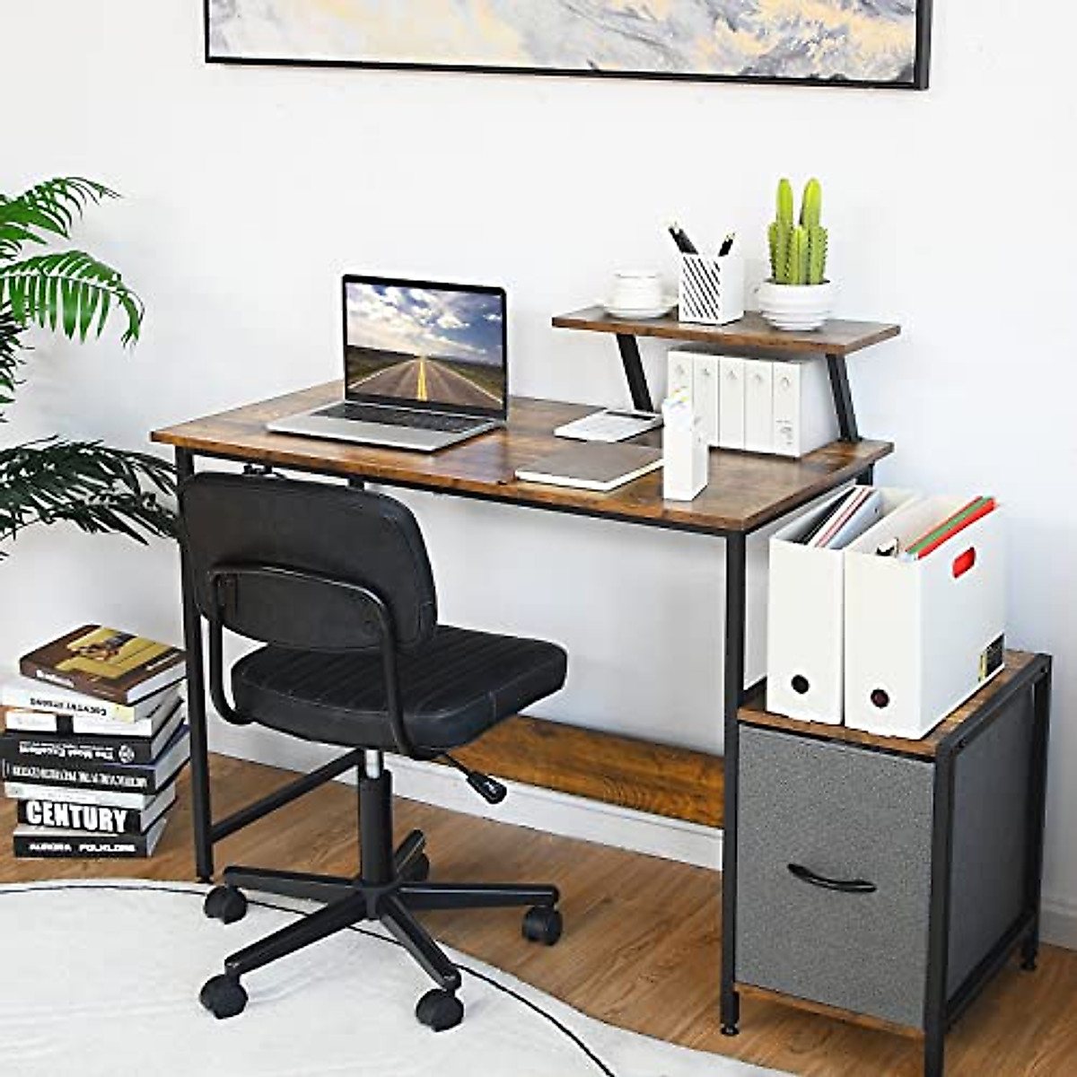 Tangkula Computer Desk with Reversible Fabric Drawer & Moveable Shelf, Industrial Style Study Writing Desk, Large PC Laptop Desk w/Hook, Home Office Computer Workstation (Black & Rustic Brown)