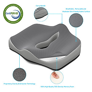 Rhovam Seat Cushion, Ergonomic Memory Foam Office Chair Pad with Non-Slip &Washable Grey Cover Relives Butt/Tailbone/Back/Coccyx/Sciatica Pain & Stress for Long Sitting Hours on Office/Car/Home Chair