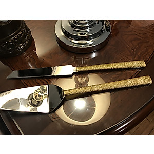 Elegant 2 Piece Cake Server Set 1 Cake Knife and 1 Cake Server 2 Tone Made of Stainless Steel and Beautiful Gold Design Ideal for Weddings, Parties, Elegant Events.