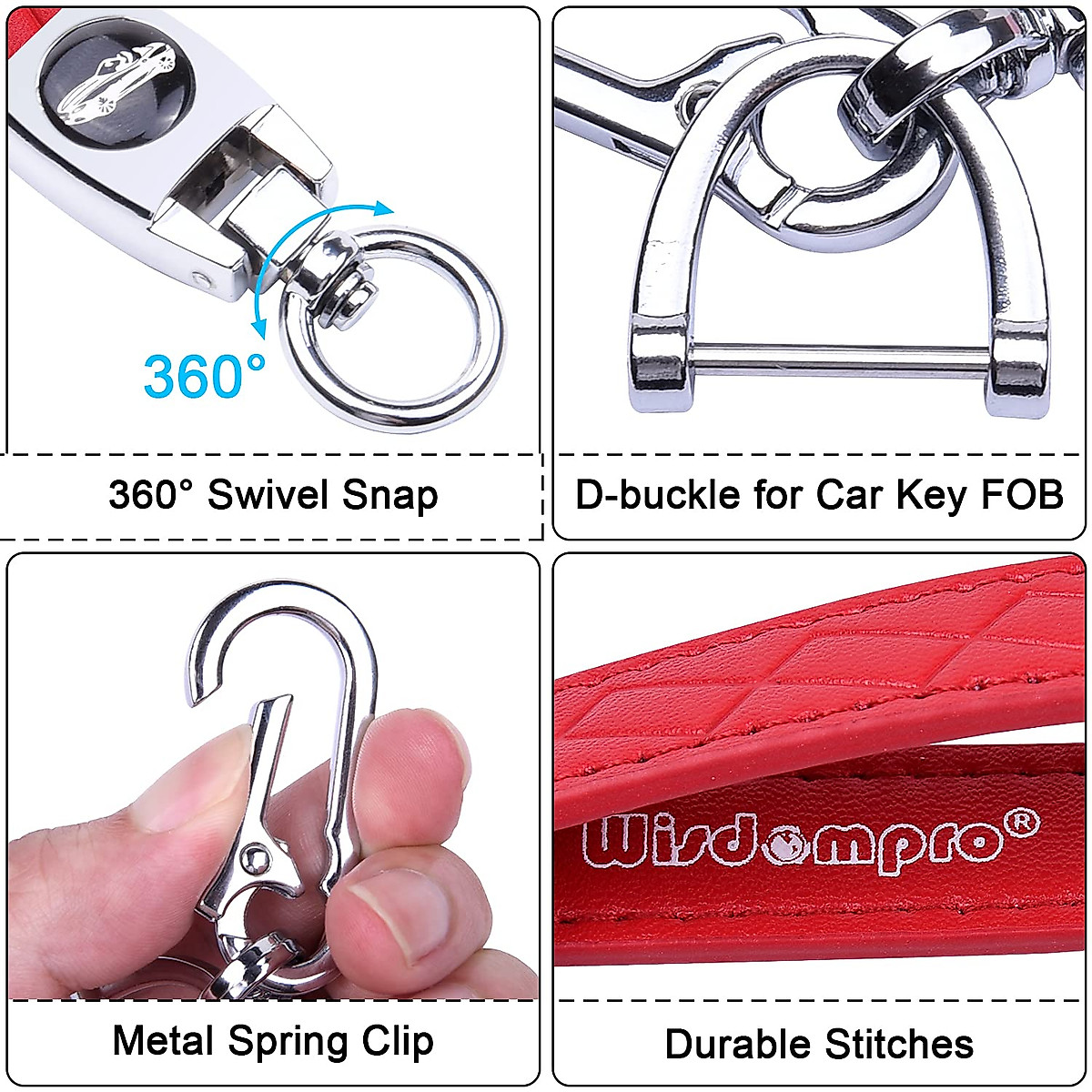 Wisdompro Microfiber Leather Car Keychain, Universal Key Fob Keychain Leather Key Chain Holder with 3 Keyrings and 1 Screwdriver for Men and Women - Red