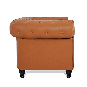 Emery Chesterfield 3 Piece Living Room Sectional Sofa Set with Rolled Arms, Tufted Cushion Sofas for Living Room Set Includes Sofa, Loveseat Couch, Accent Arm Chair / Easy Tool-Free Assembly – Caramel