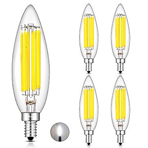 CRLight 10W High Brightness Dimmable LED Candelabra Bulb 5200K Daylight White, 90W Equivalent 900LM E12 LED Bulbs, Upgraded Lengthened B11 Clear Glass Chandelier Light Bulbs, 4 Pack