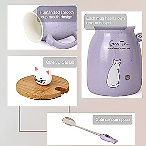 Cute Cat Mug Set of 4 Ceramic Coffee Cups with Lovely Kitty lid and Fish Spoon Novelty Morning Tea Milk Mug Set for Girls Women Christmas Birthday Gift 500ML/15oz (4pcs,Blue Pink Purple Yellow)