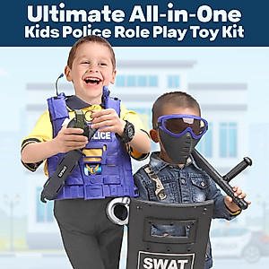 Ultimate All-in-One Kids Police Role Play Toy Kit - 15-Piece Policeman Pretend Play Set for Kids - SWAT Accessories for Dress Up Costumes - Badge, Shield, Vest, Handcuffs Included