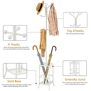 Hoctieon Coat Rack Freestanding, Entryway Coat Hanger Stand, Umbrella Holder, Hall Tree With 12 Hooks, Floor Standing Metal Tree Stand, White