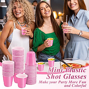 Blcculi 100 Pcs 2 oz Plastic Pink Shot Glasses - Disposable Party Cups for Jello Shots, Bachelorette and Birthday Parties - Mini Tasting Serving Shot Cups