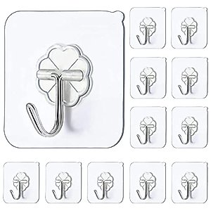 JelKen Wall Hooks, 12 Pack Heavy Duty 22lb(Max) Self Adhesive Hooks, Transparent Sticky Hooks for Kitchen Bathroom Office Closet, Hanging Coat Cloth Towel Key Decorations