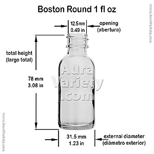 AURA VARIETY 144 PACK BOSTON ROUND 1 OZ 30 ML CLEAR GLASS BOTTLES WITH POLY CONE LINED BLACK CAPS