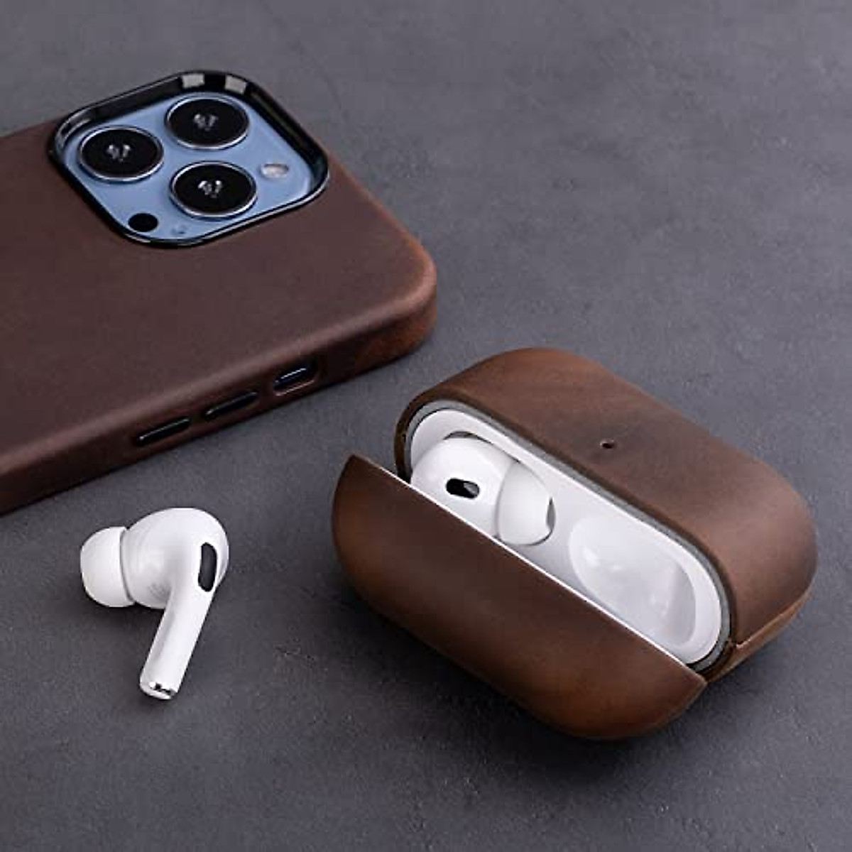 MAOGOAM AirPods Pro 2nd Generation Leather Case Cover with Button, Genuine Vintage Oil Wax Crazy Horse Cowhide Leather Case for Airpods Pro 2, Indiana Jones Style, The Front LED Visible,Dark Brown