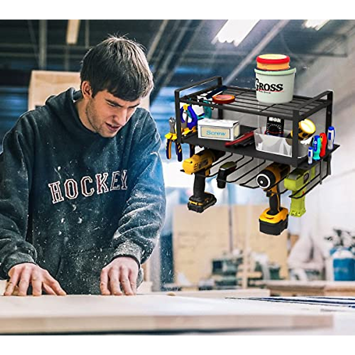 Power Tool Organizer Wall Mount, Drill Holder Wall Mount, Heavy Duty Power Tool Storage Rack, Floating Tool Shelf for Power Tools Cordless Drill Charging Station, Black