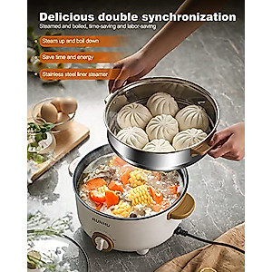 RUNHU Electric Hot Pot with Steamer, 4L Non-Stick Electric Frying Pan with Multi-Power Control, 3.1" Depth Multifunctional Cooker with Overheating Protection for Shabu Shabu, Noodles, Sauté (White)