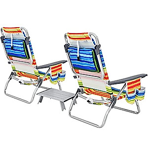 Safstar Folding Beach Chair Set, 2 Pack Folding Chair and Aluminum Small Table, 5-Position Adjustable Camping Chairs with Ice Bag, Comfort Pillow, 3 PCS Backpack Recline Beach Chairs (Color Strip)