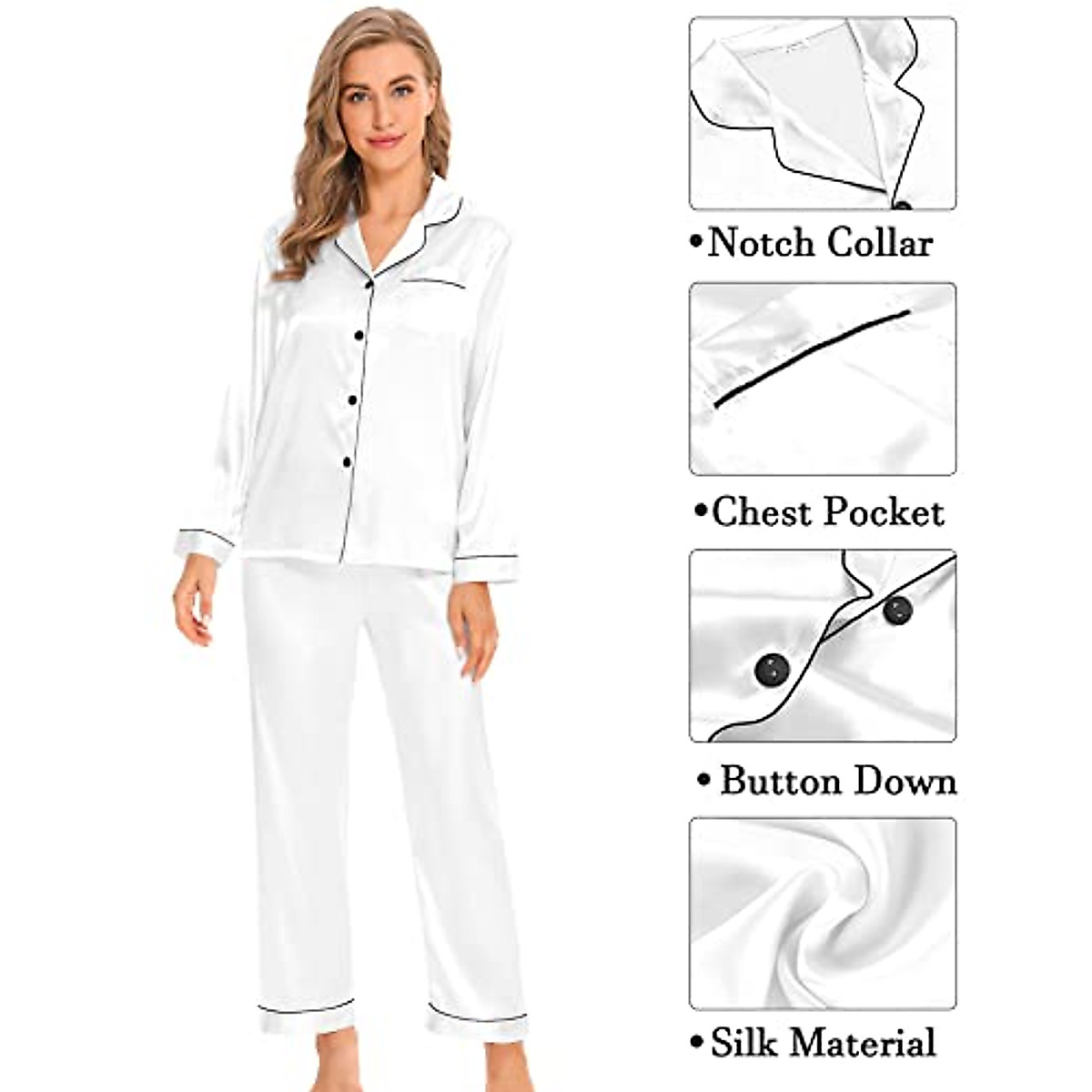 SWOMOG Womens Silk Satin Pajamas Set Three-piece Pj Sets Sleepwear Loungewear Button-Down Pj Sets White
