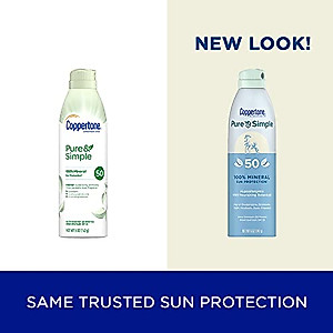 Coppertone Pure and Simple Zinc Oxide Mineral Sunscreen Spray SPF 50, Water Resistant, Broad Spectrum SPF 50 Sunscreen for Sensitive Skin, 5 Oz Spray